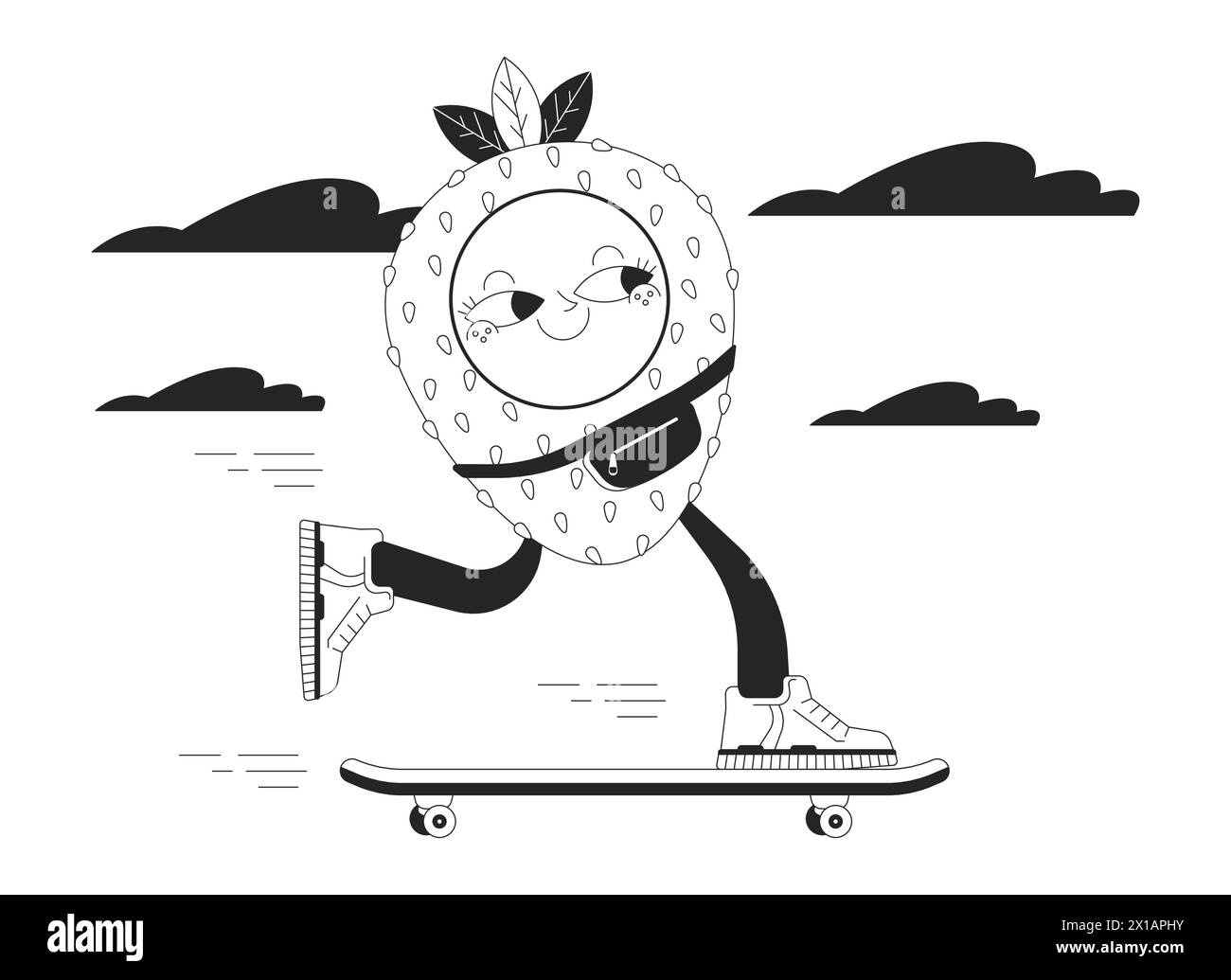 Strawberry Skateboard Black And White 2d Illustration Concept Stock