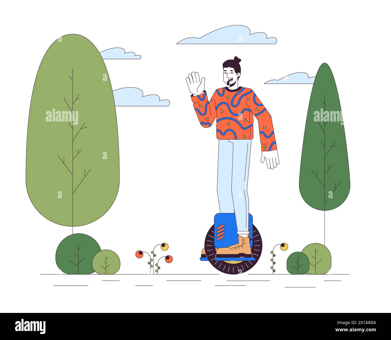 Caucasian guy riding electric unicycle line cartoon flat illustration ...