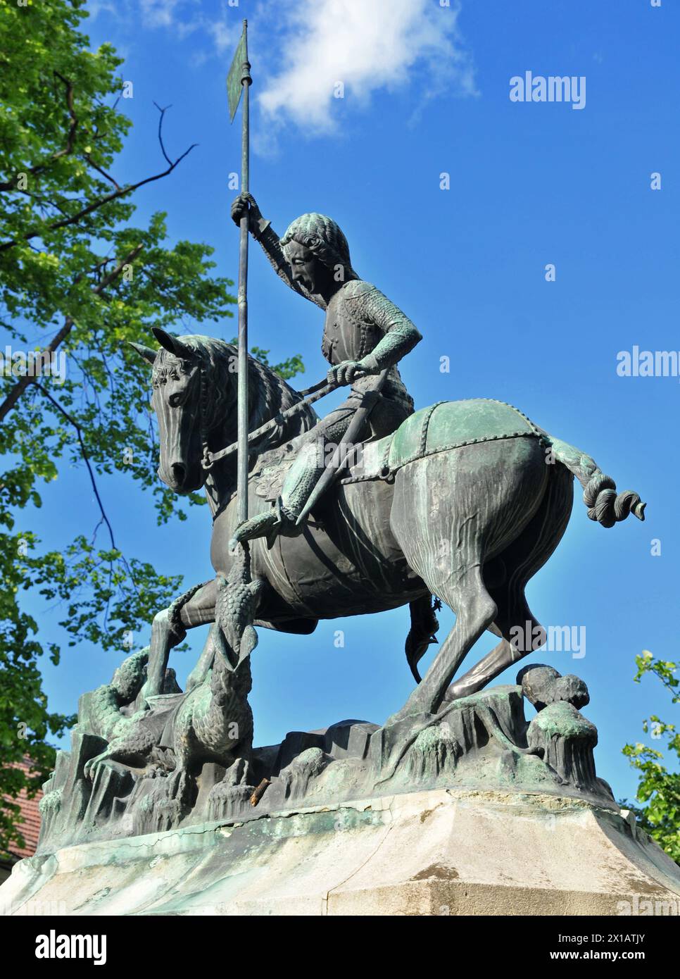 Statue of St George slaying the dragon. Cluj-Napoca, Romania Stock ...