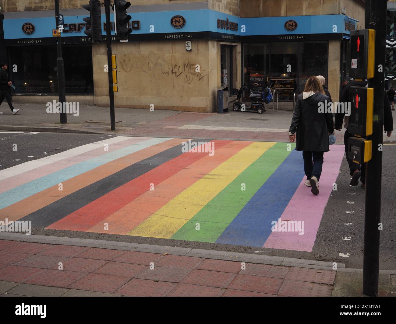 Rainbow design puffin or pelican pedestrian crossing on Wine Street ...