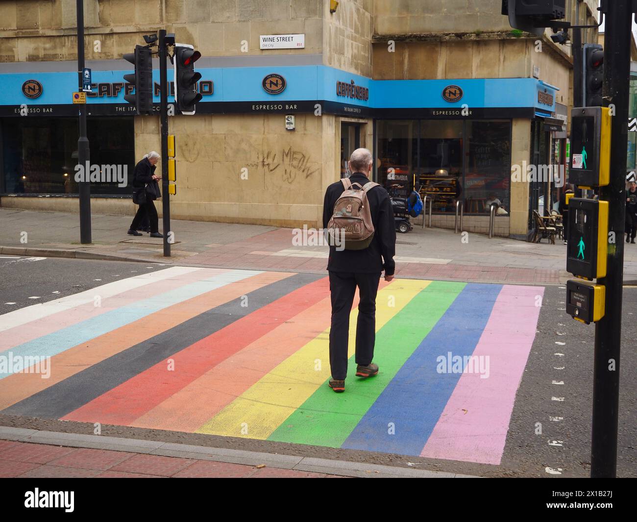 Rainbow design puffin or pelican pedestrian crossing on Wine Street ...