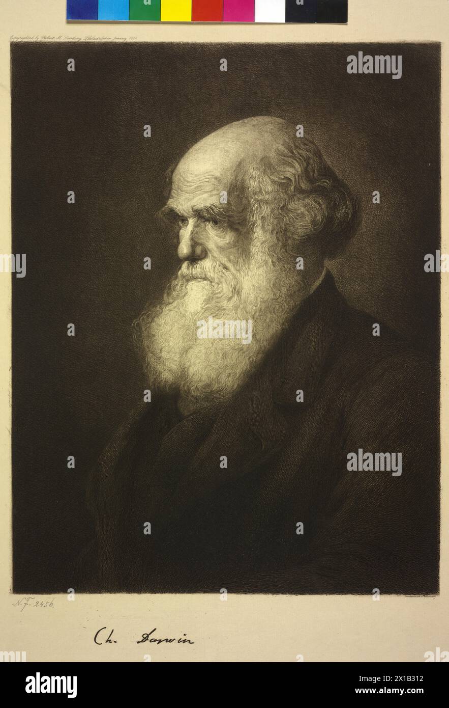 Darwin, Charles, etching by Gustav Mercier. facsimile of the signature ...
