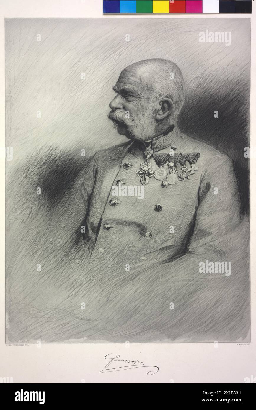 Franz Joseph I, Emperor of Austria, at an older age in uniform. etching by William Hecht based ...