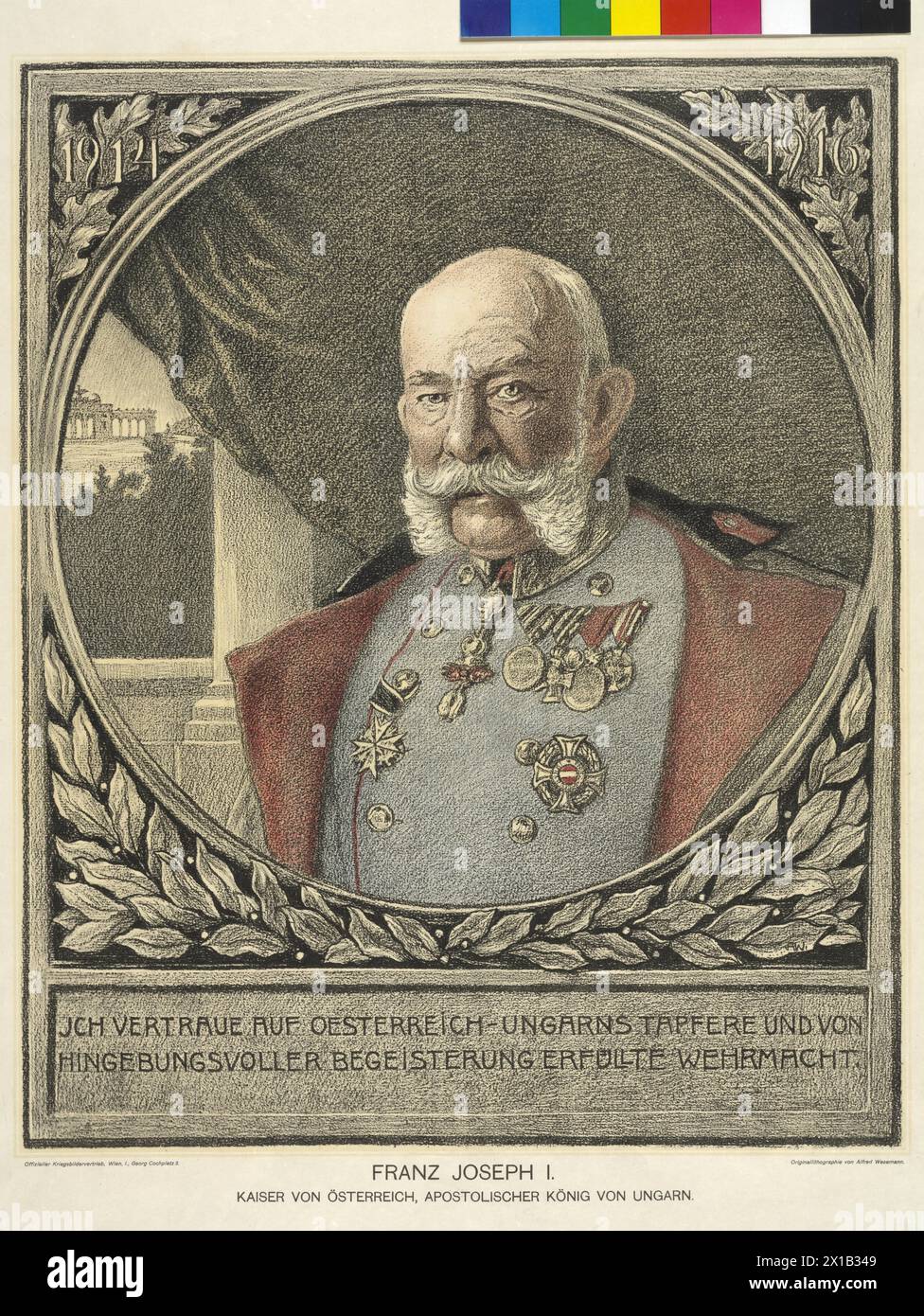 Franz Joseph I, Emperor of Austria, at an older age uniformed, behind ...