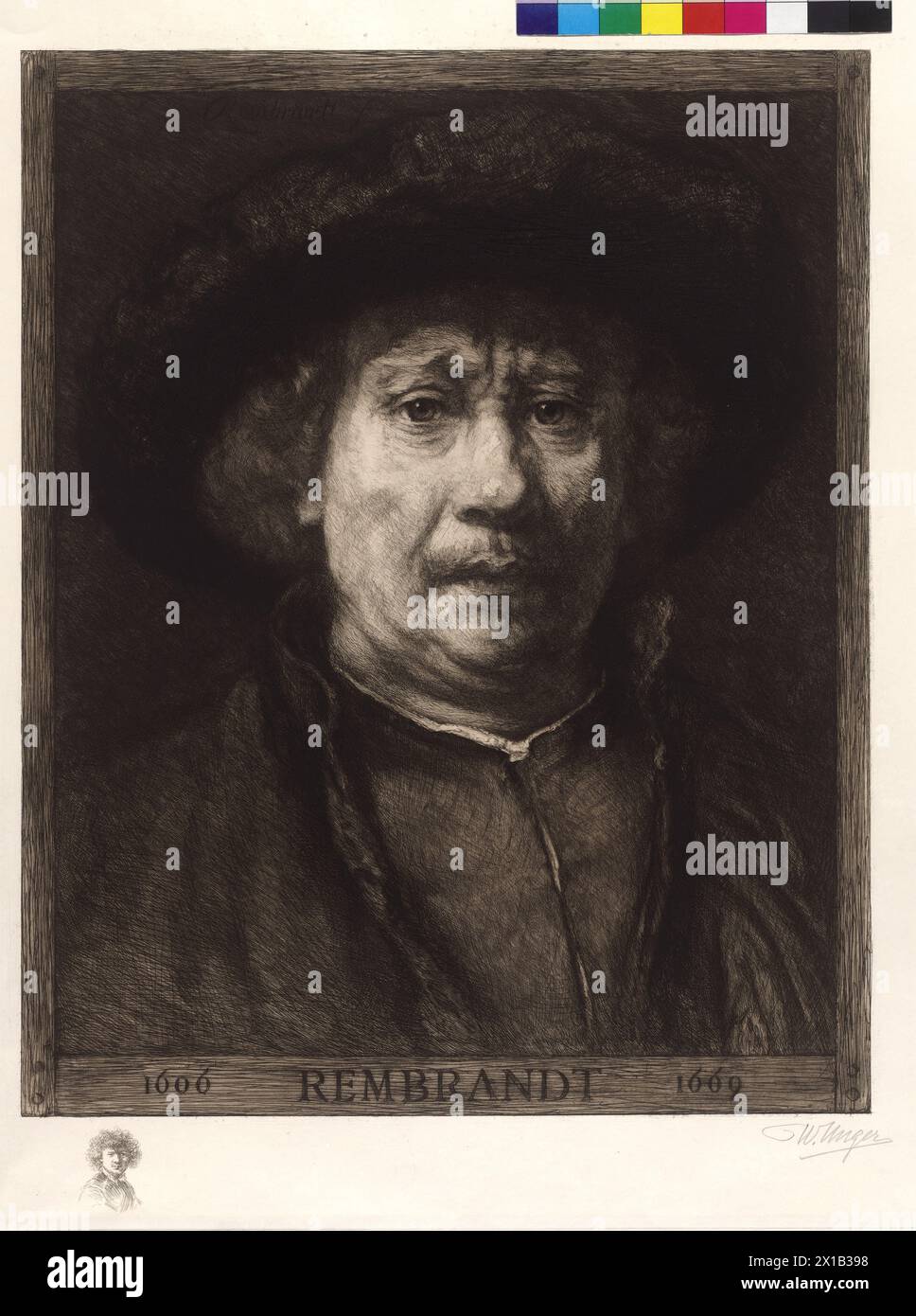 Self-portrait of Rembrandt, etching by William Unger based on painting ...
