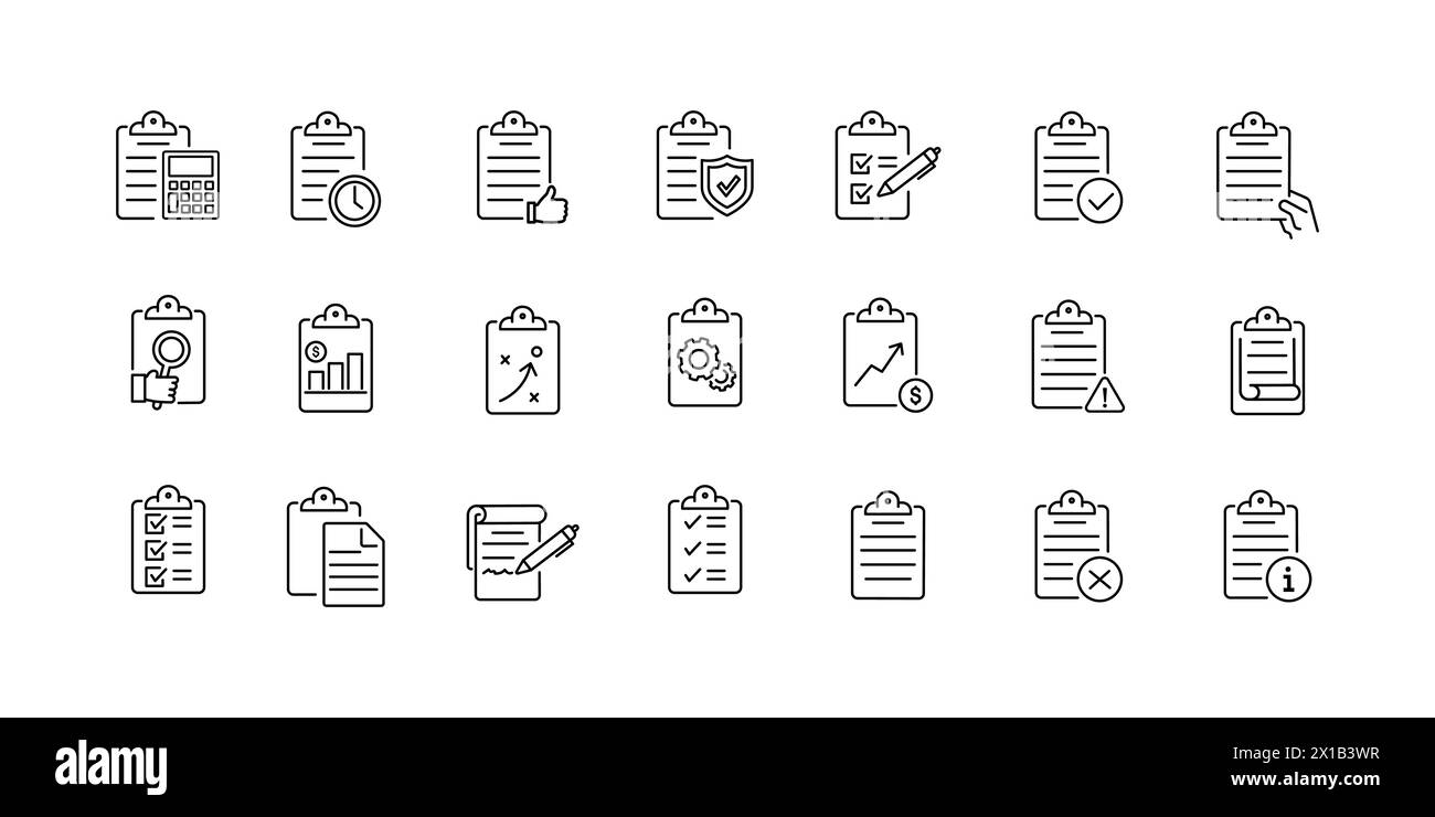 Clipboard, checklist, report thin line icons. For website marketing ...