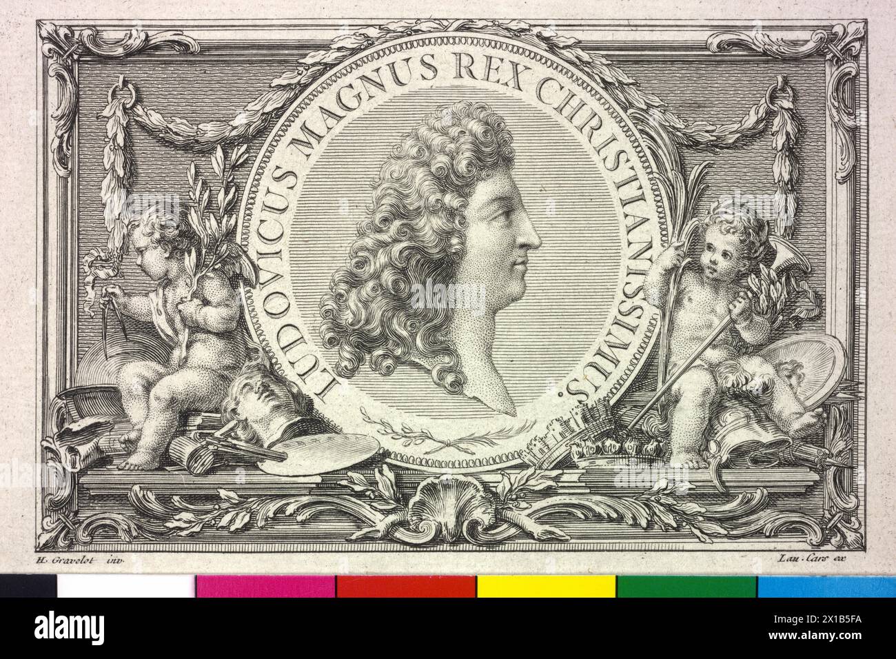 Louis XIV, King of France, picture in the medallion. engraving by ...