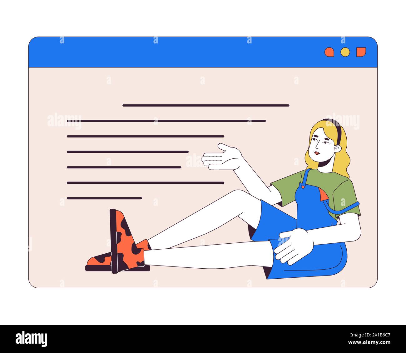 Woman pointing on website text block 2D linear cartoon character Stock ...