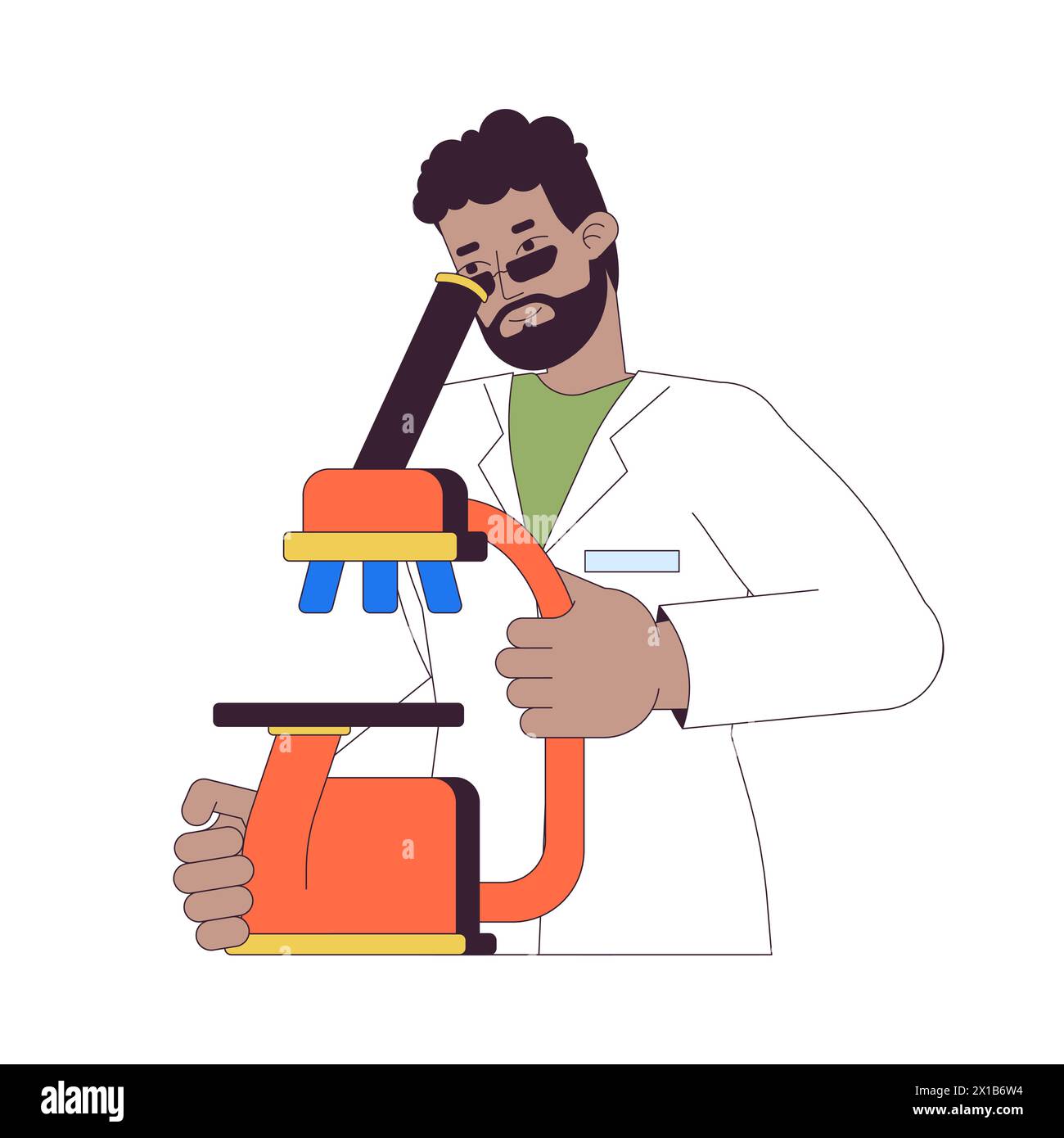 African american scientist looking in microscope 2D linear cartoon ...