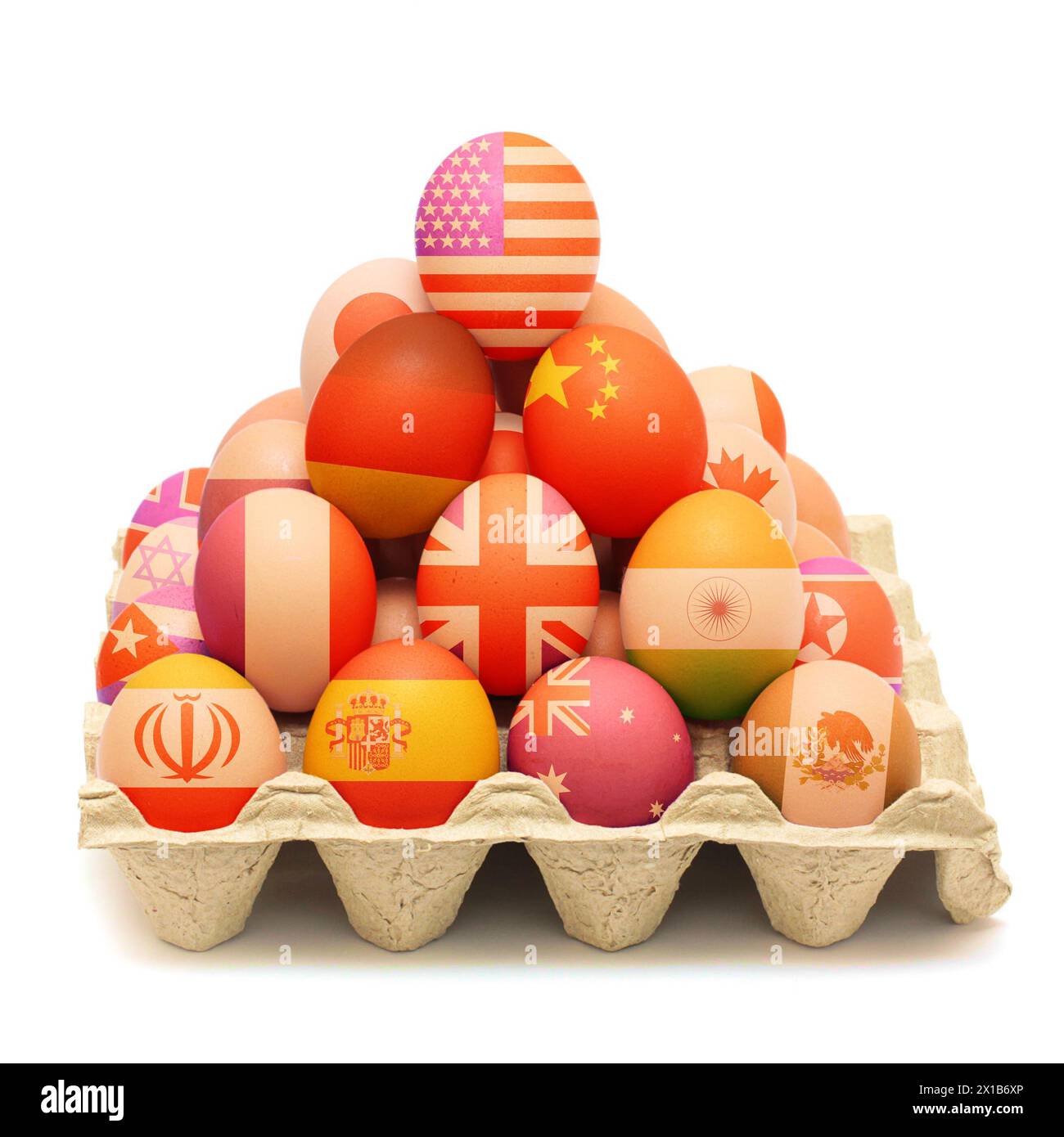 Eggs painted in the form of flags of different countries on white ...