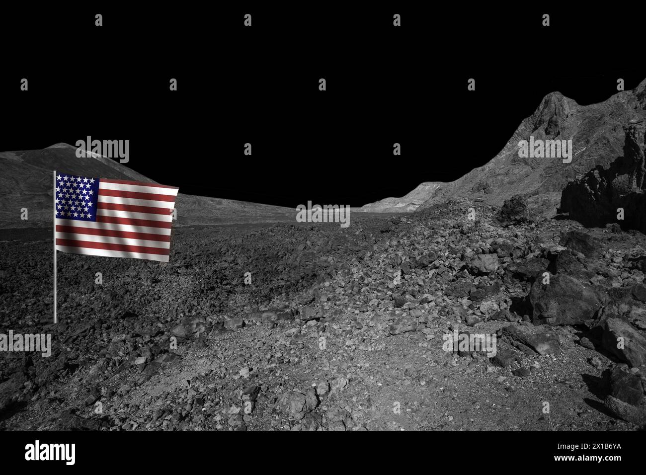 USA flag on empty planet landscape, dark lunar background Stock Photo ...