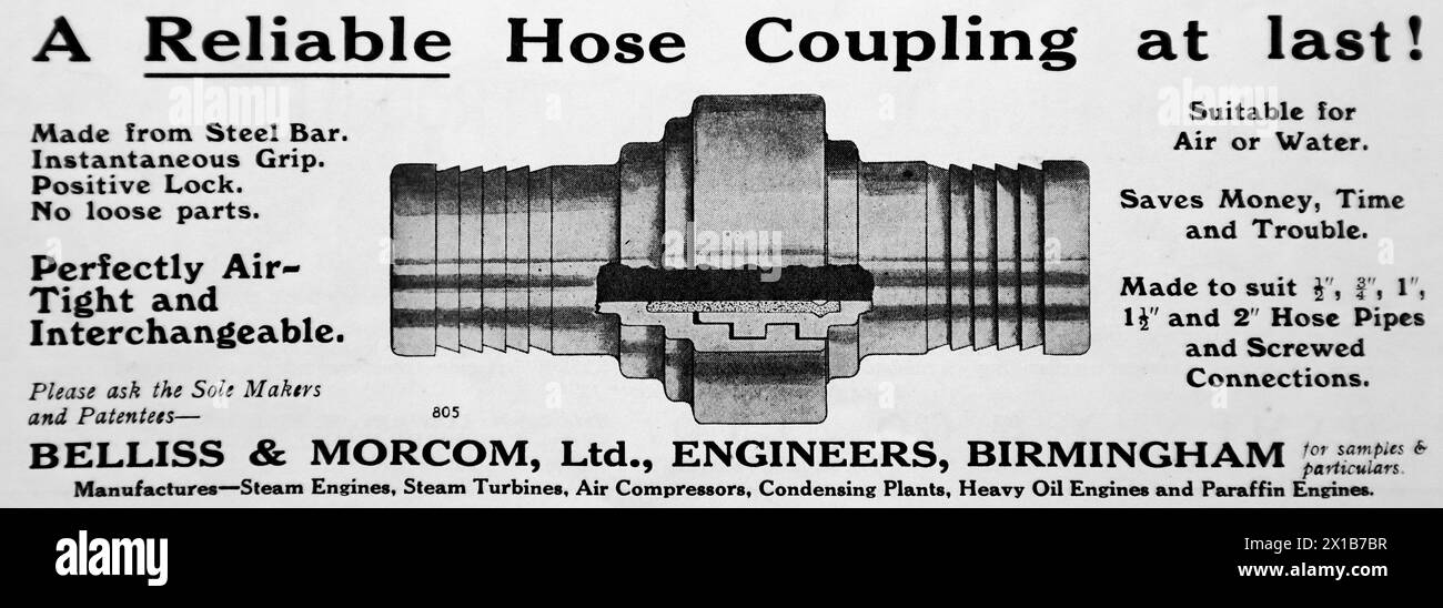 Advertisement for Belliss and Morcom Ltd, of Birmingham. Reliable hose ...