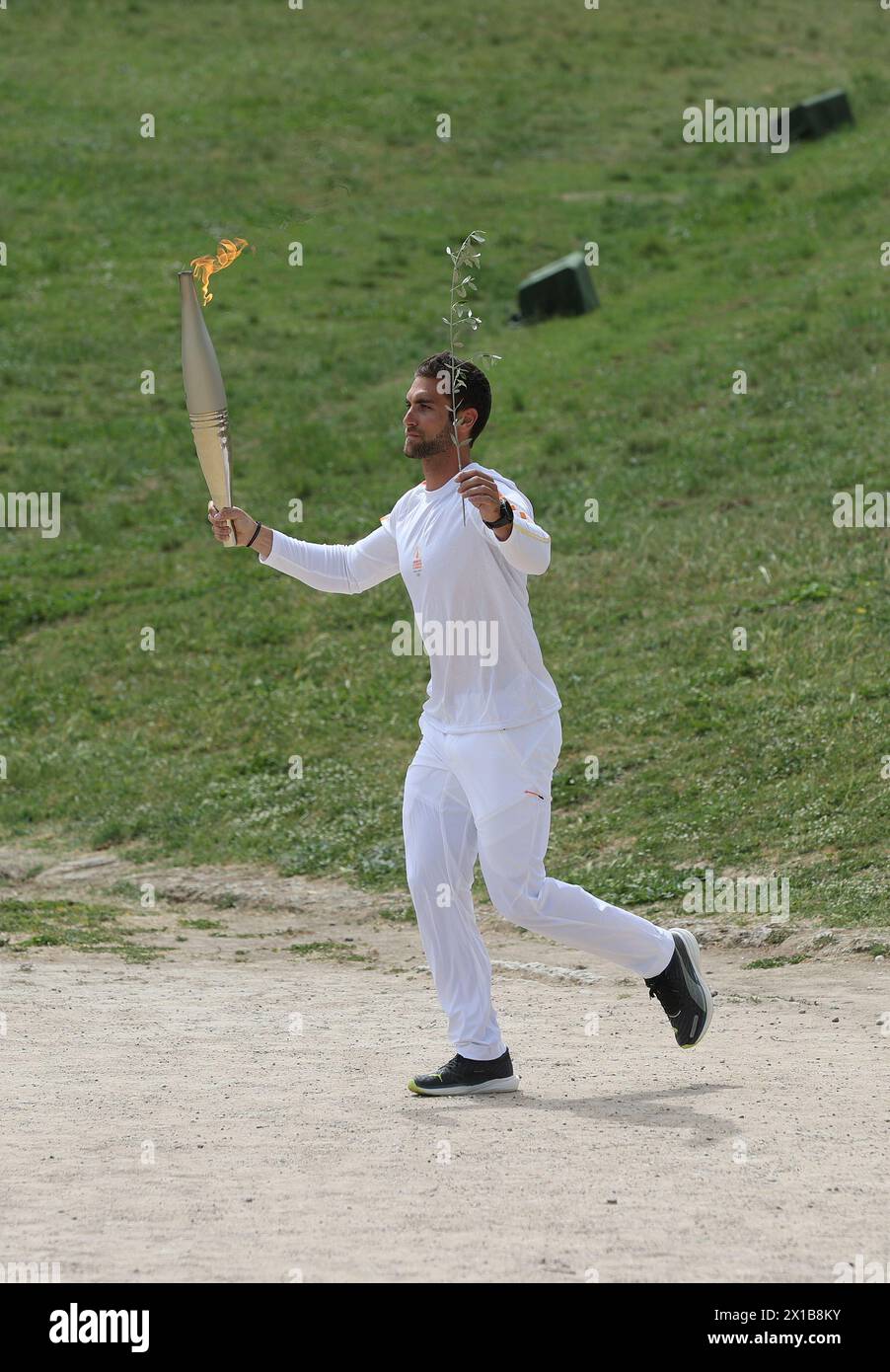 Ancient Olympia, Greece. 16th Apr, 2024. The first torch bearer, Greek ...