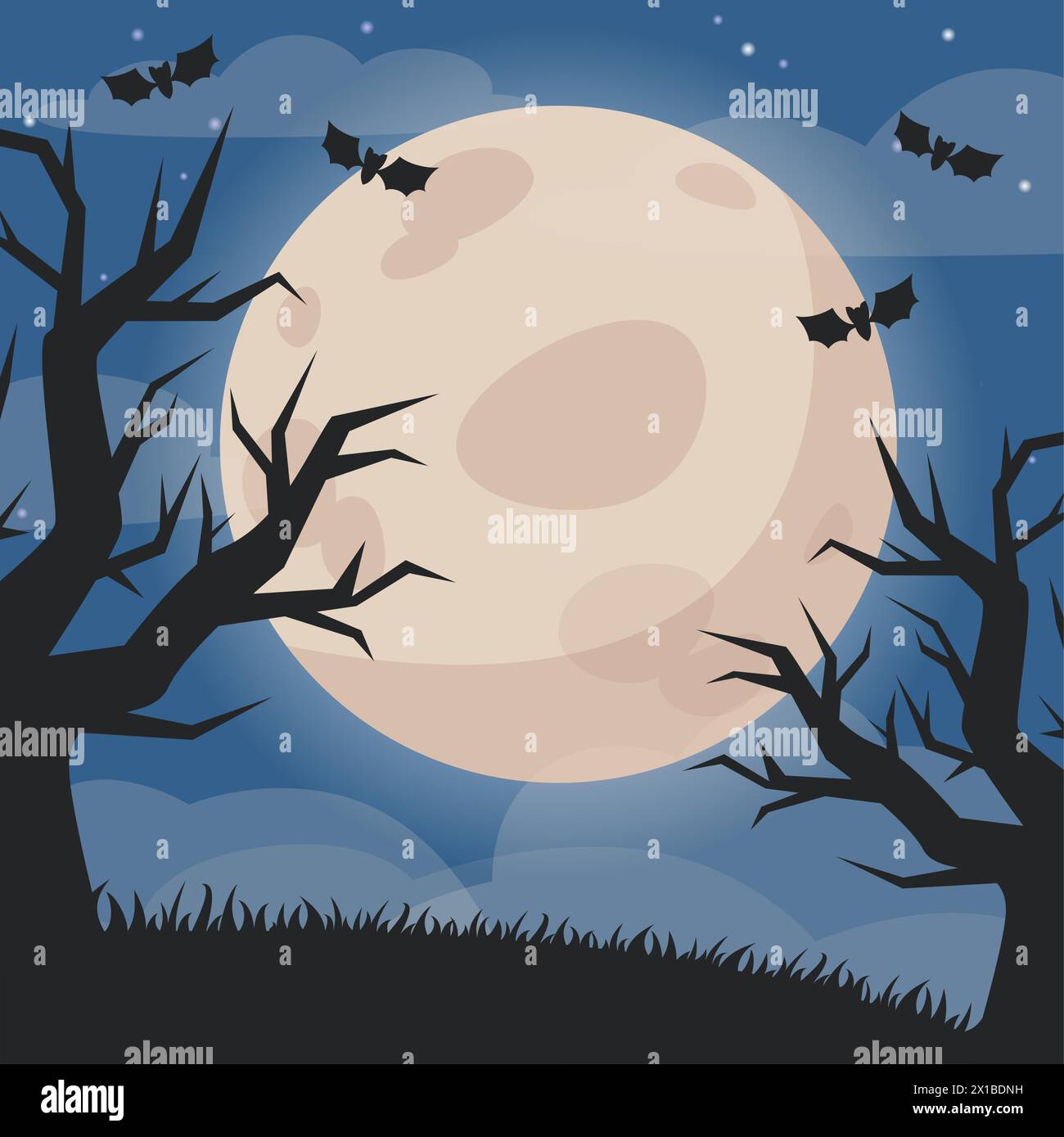 Halloween illustration of scary night landscape with full moon Stock ...