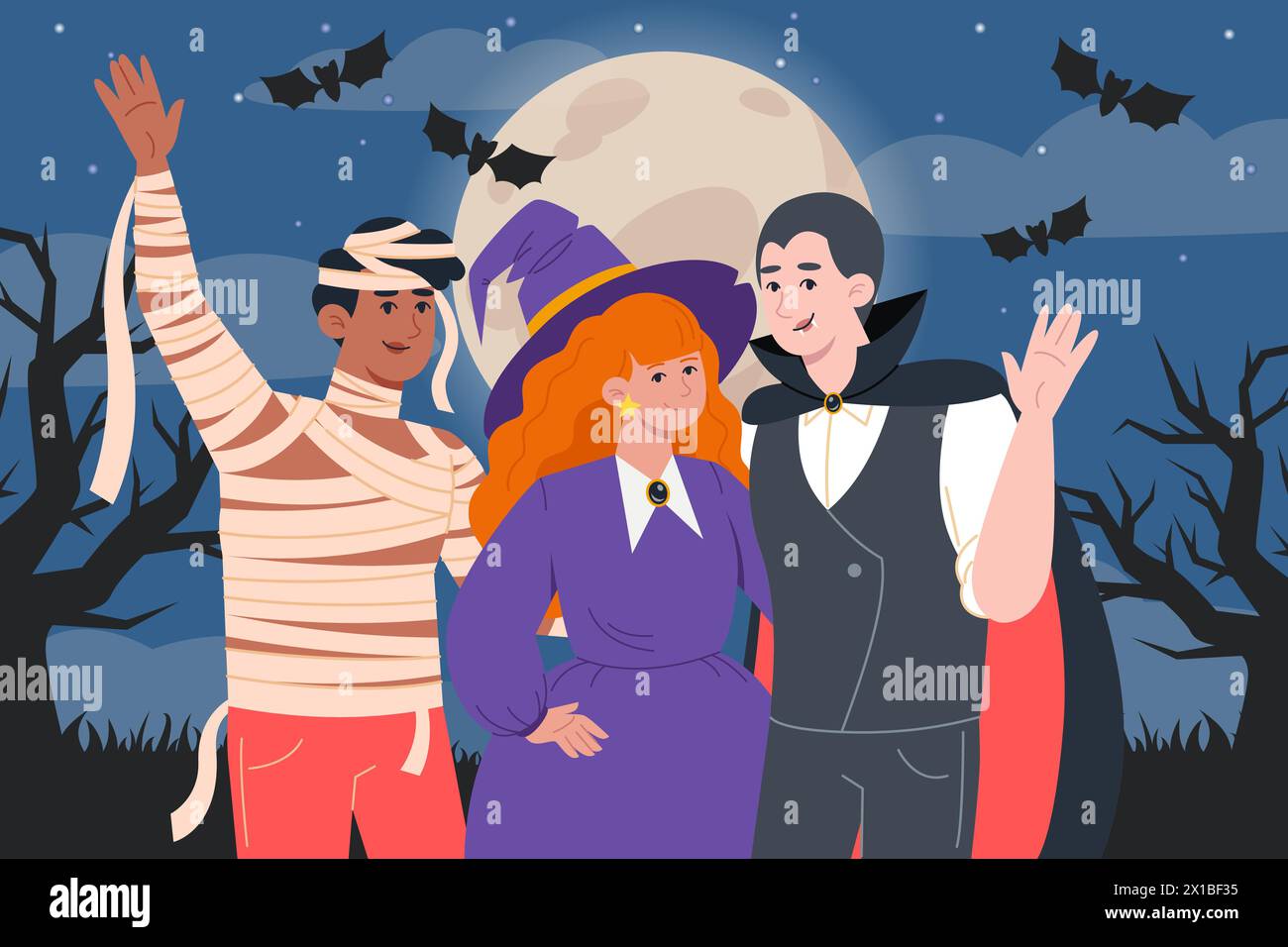People in costumes for Halloween night, vampire, witch and mummy ...