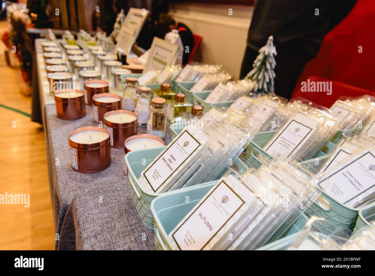 Wax candles and wax melts on sale at a Christmas craft market Stock ...