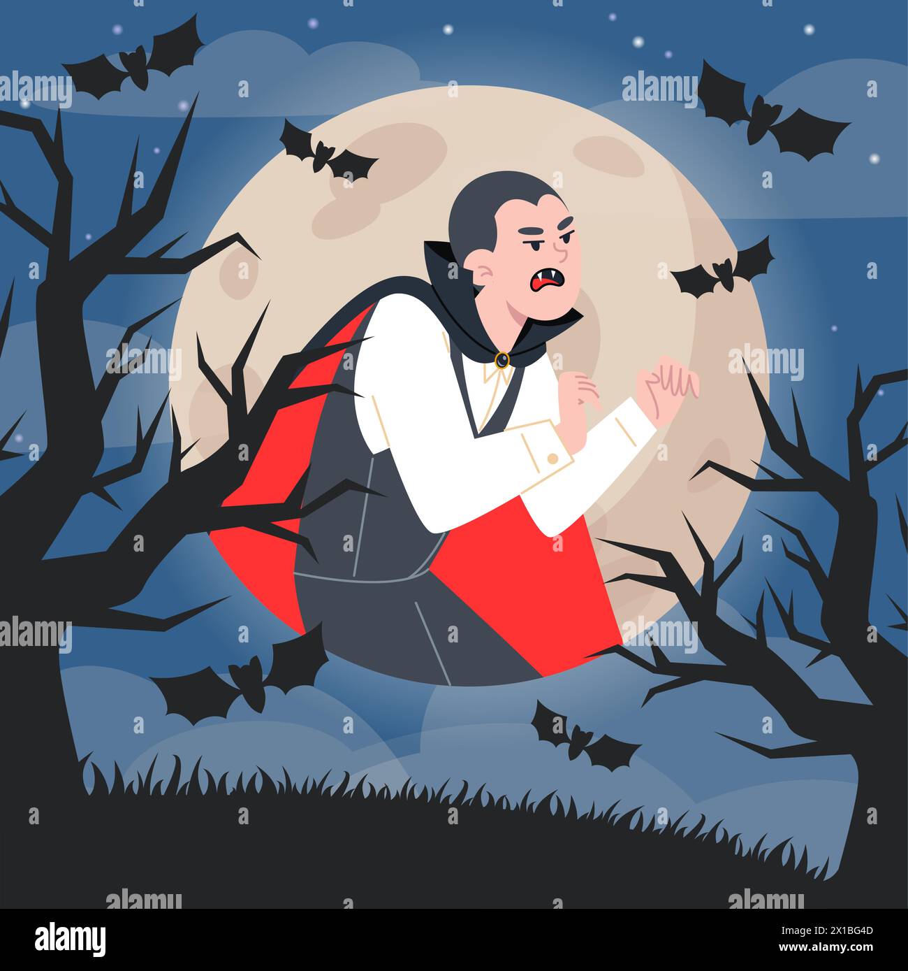 Halloween illustration of scary night landscape with full moon and ...