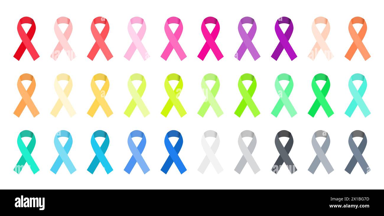 Set of cancer awareness ribbons. All colors of isolated vector charity ...