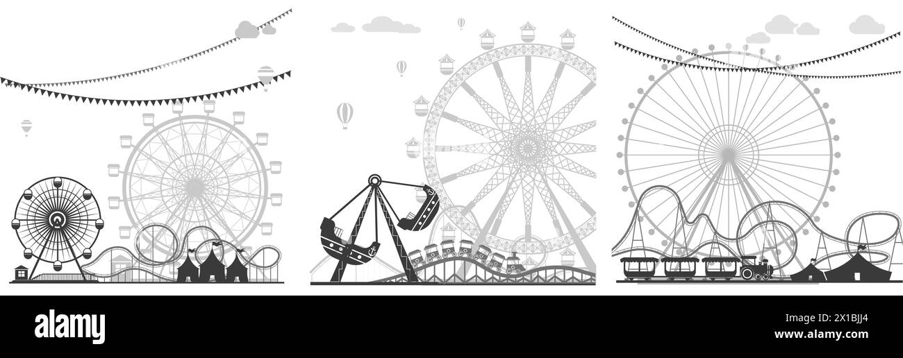 A grayscale vector illustration of an amusement park landscape with ...