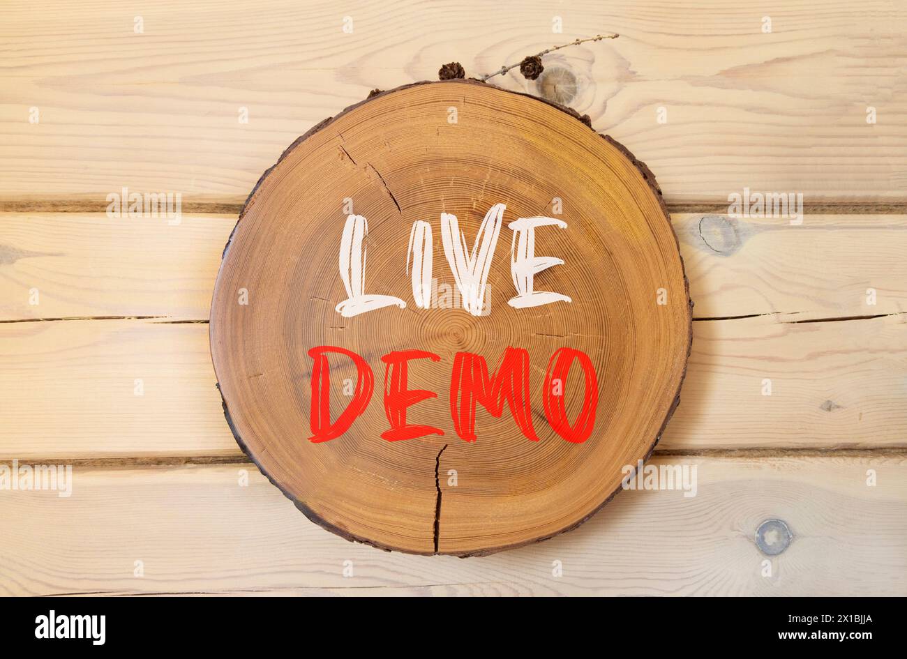 Live demo symbol. Concept words Live demo on beautiful wooden circle ...