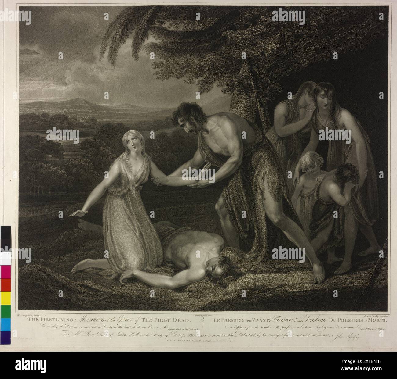 Adam and Eva mourning about Abel dead body, stipple engraving (mixed ...