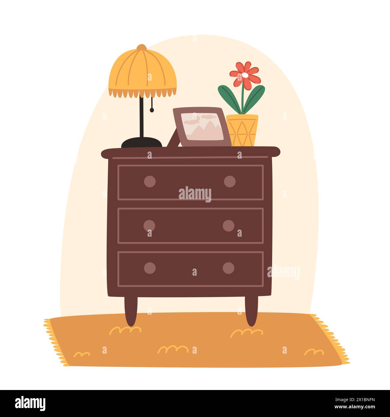Cozy wooden chest of drawers with photo frame and table lamp in flat ...