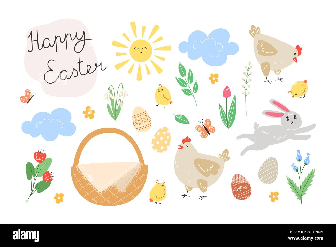 Easter set of elements with chickens, painted eggs and spring flowers ...