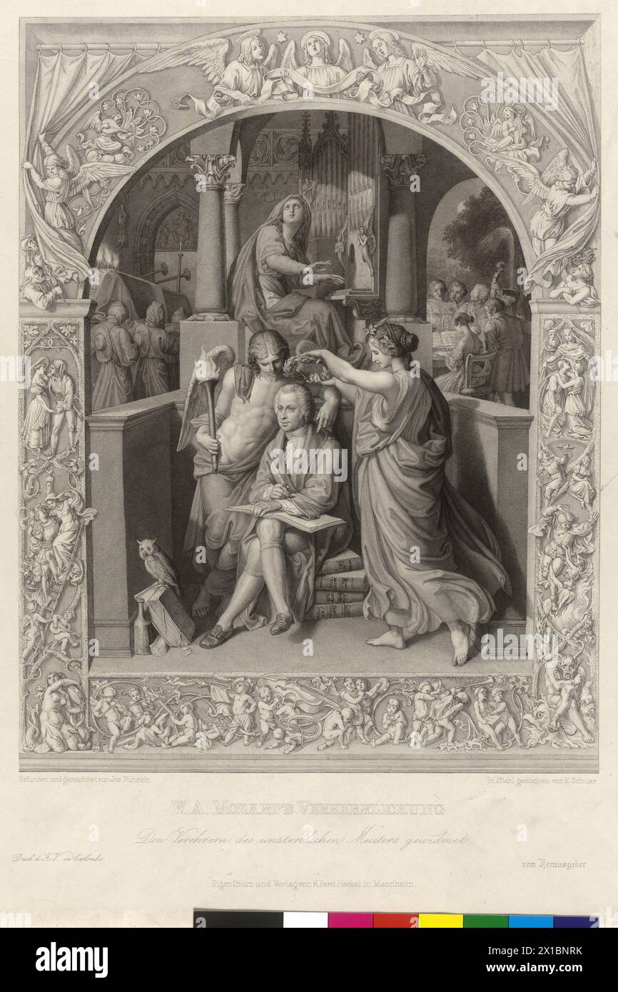 Wolfgang Amadeus Mozart glorification, steel engraving by Edouard ...