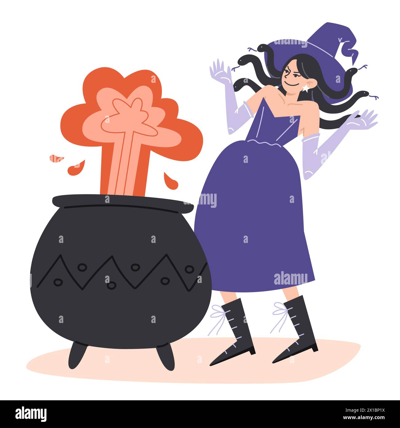 The witch prepares a potion in a cauldron and laughs evilly Stock ...