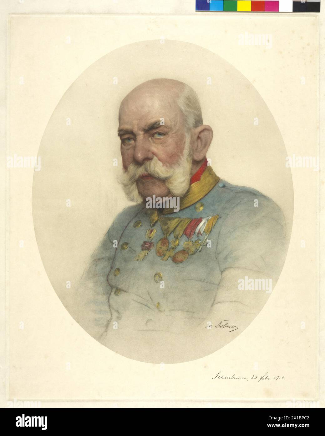 Franz Joseph I, Emperor of Austria, at an older age in uniform. colour ...
