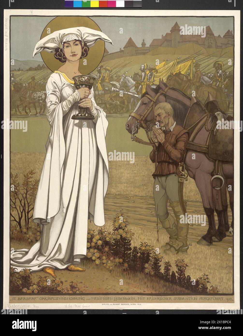 Saint Barbara with chalice and passing artillery. colour lithograph by ...