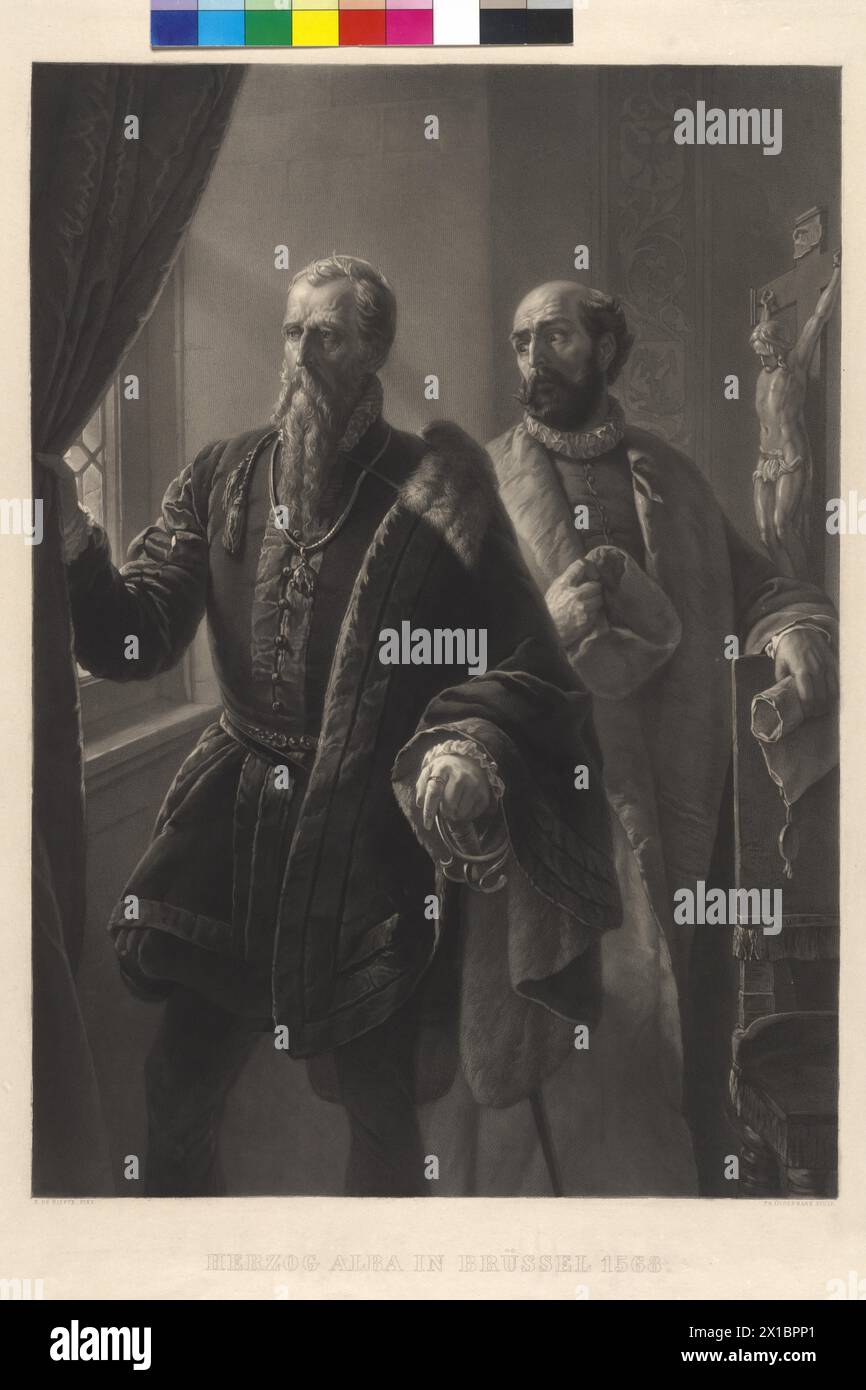Duke Alb in Bruxelles 1568, aquatint / etching by Frederick Oldermann ...