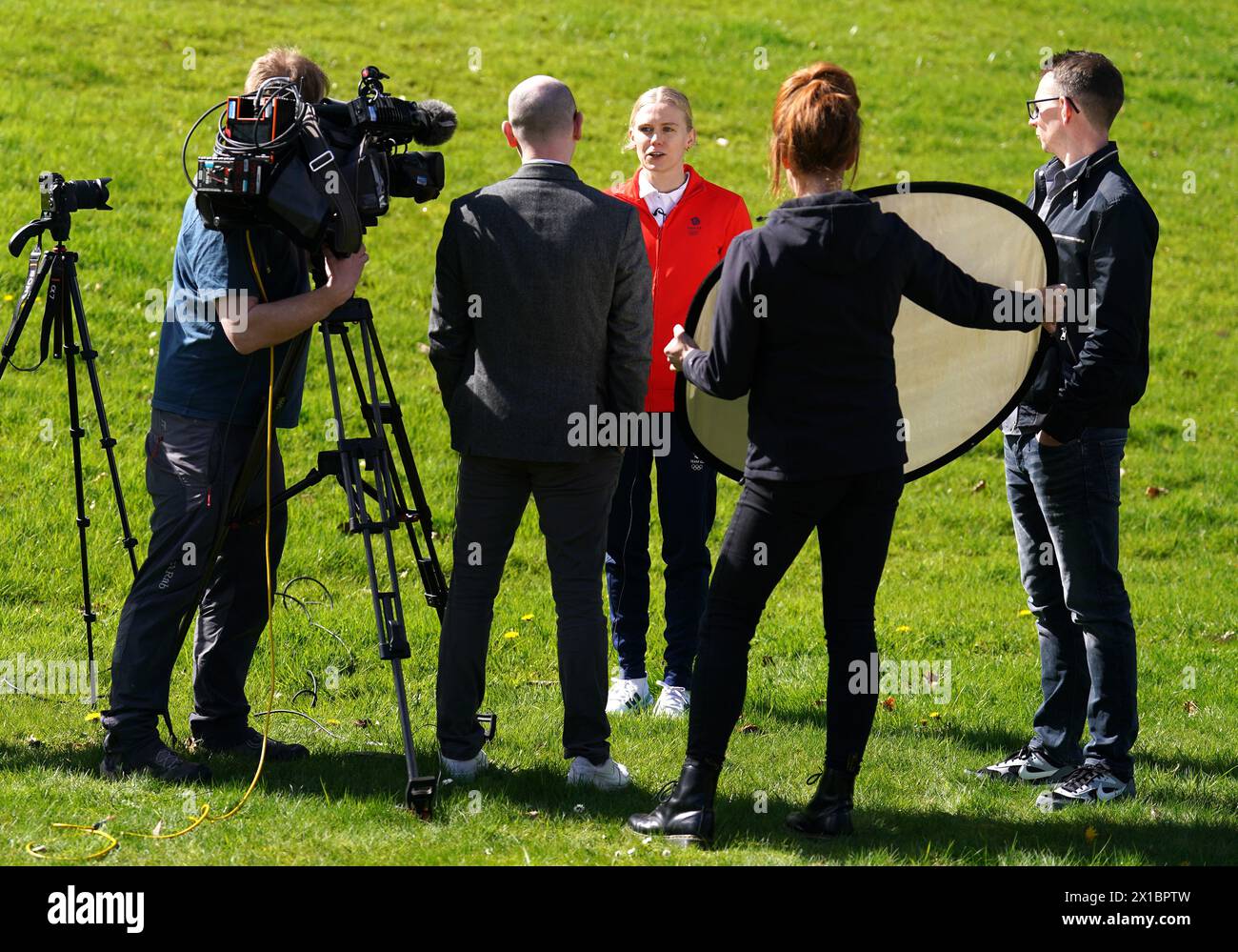 Lucy Hope (centre) speaking with the media during the Team GB Paris ...