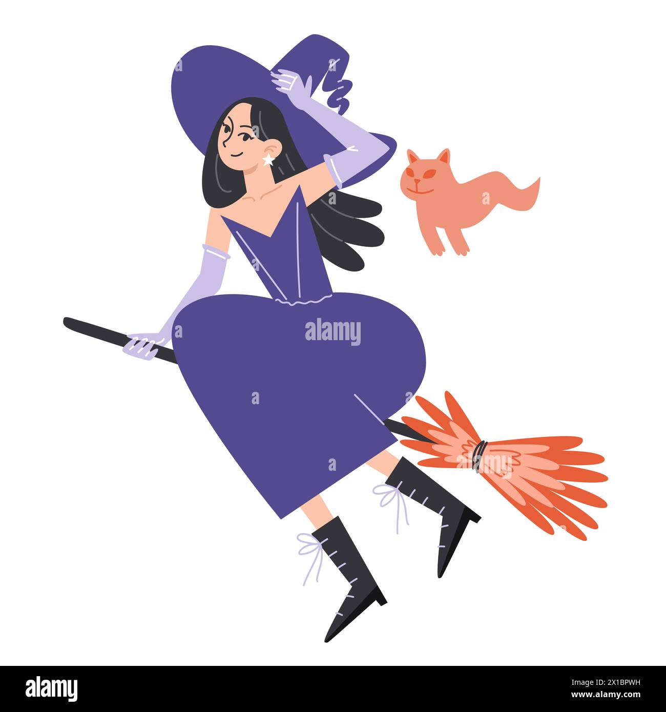The witch flies on a broom with a ghost cat Stock Vector Image & Art ...