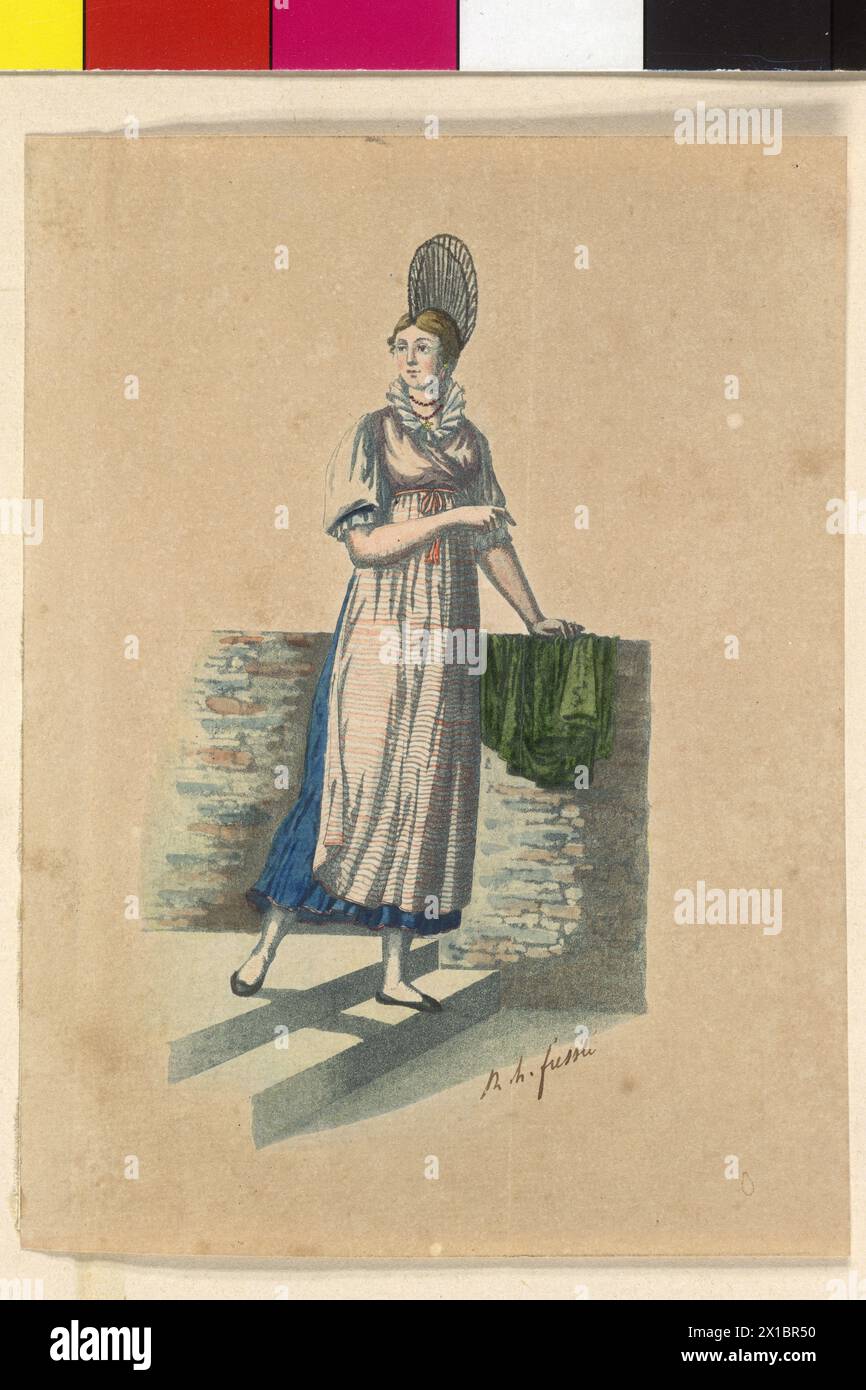 Swiss woman's costume, coloured lithograph by Rudolf Henry Fuessli ...