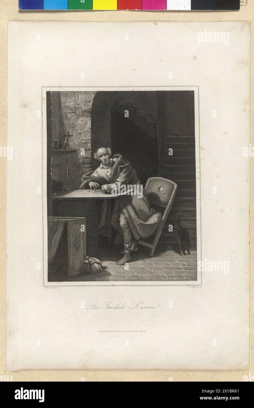 The miser, an old man is counting money, he frightened, as a cat runs ...