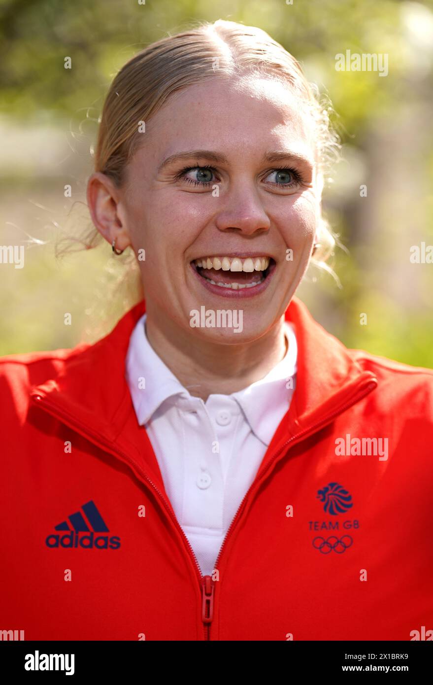 Lucy Hope (centre) speaking with the media during the Team GB Paris ...