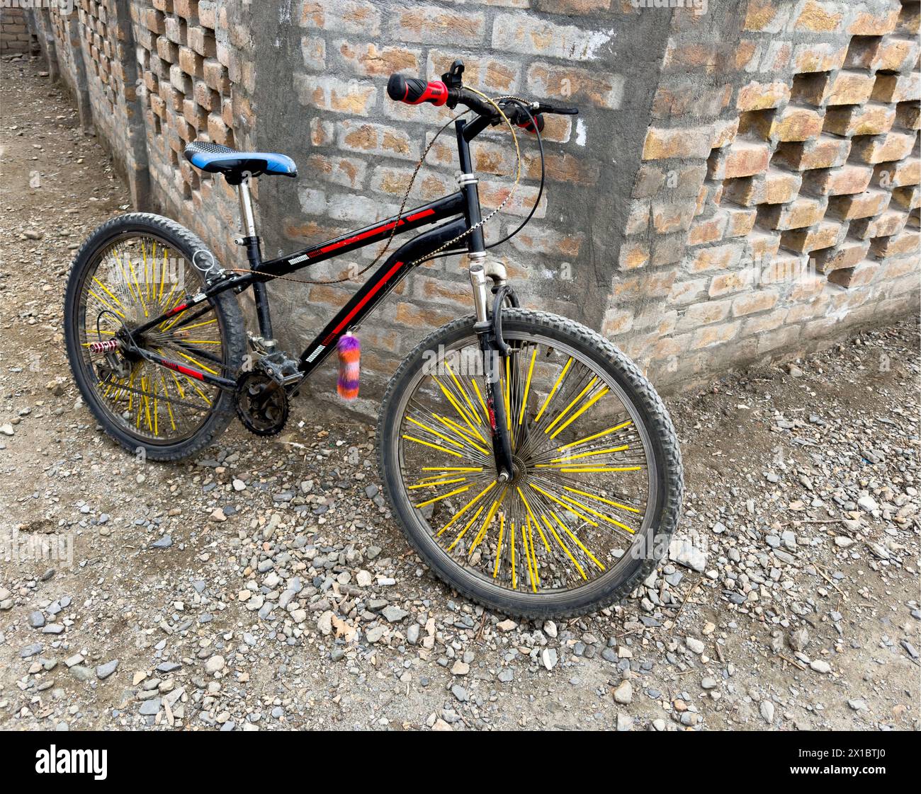 Two wheels pedal cycle parked at a bricks wall closeup Stock Photo - Alamy