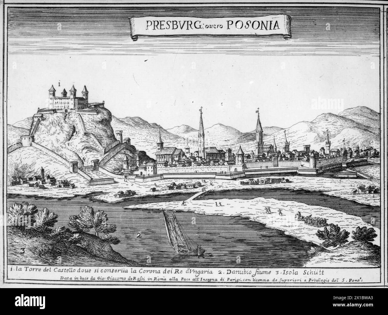 Pressburg, general view above the Danube. Italian engraving of the 18th ...