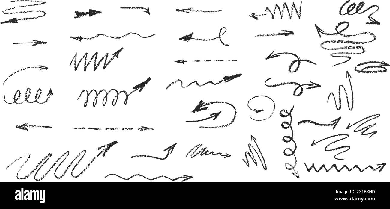 Charcoal pencil hand drawing curly arrows. Swishes, swashes, swoops ...