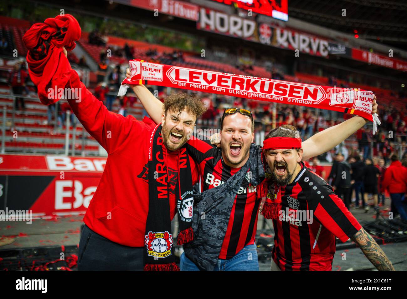 Leverkusen Germany. 14th Apr 2024. Leverkusen Fans feiern die deutsche ...