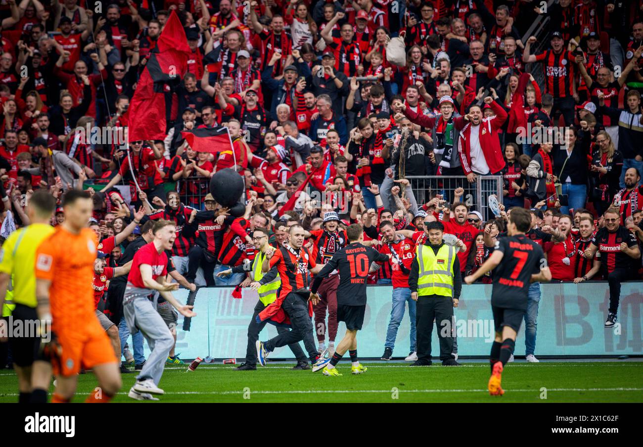 Leverkusen Germany. 14th Apr 2024. Leverkusen Fans feiern die deutsche ...