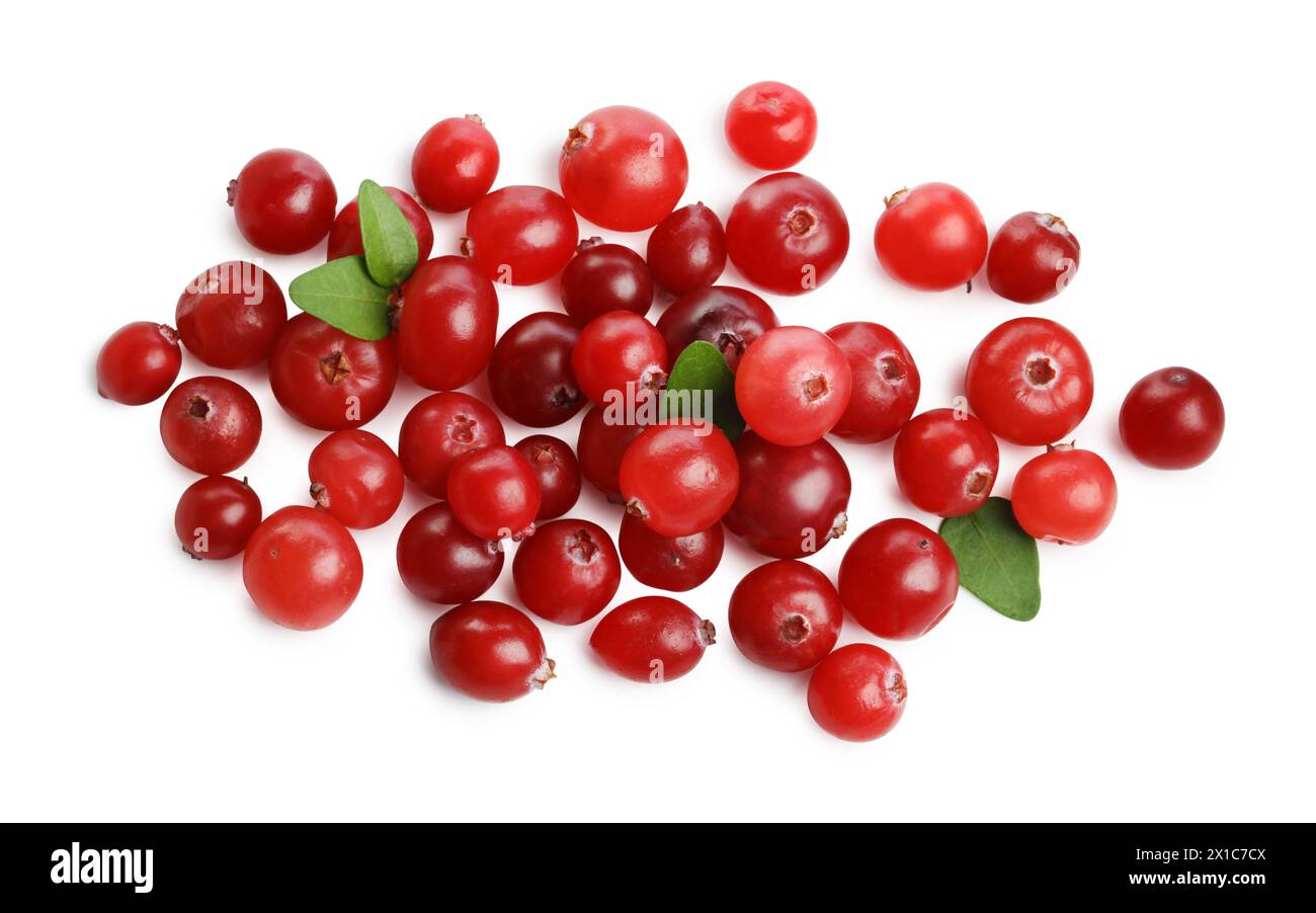 Pile of fresh ripe cranberries with leaves isolated on white, top view ...