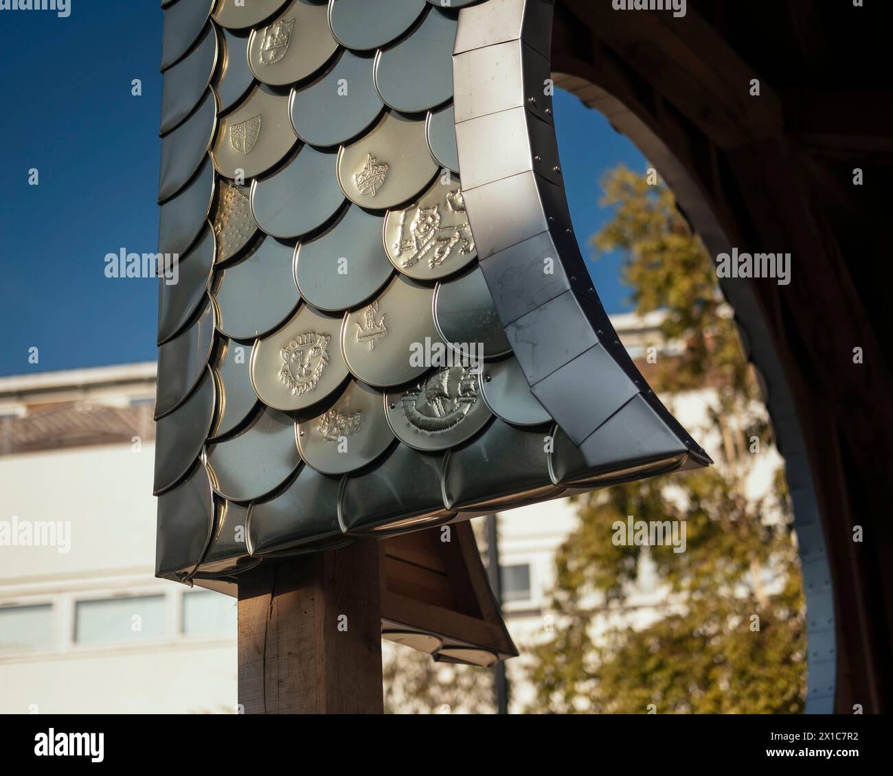 Bermondsey Market place, pavilion clock tower detail with tin-can tiles ...