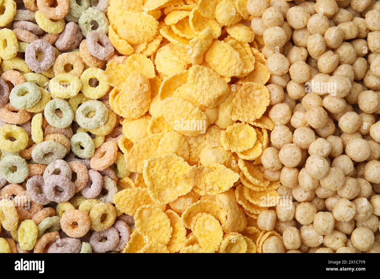 Different types of breakfast cereals as background, top view Stock ...