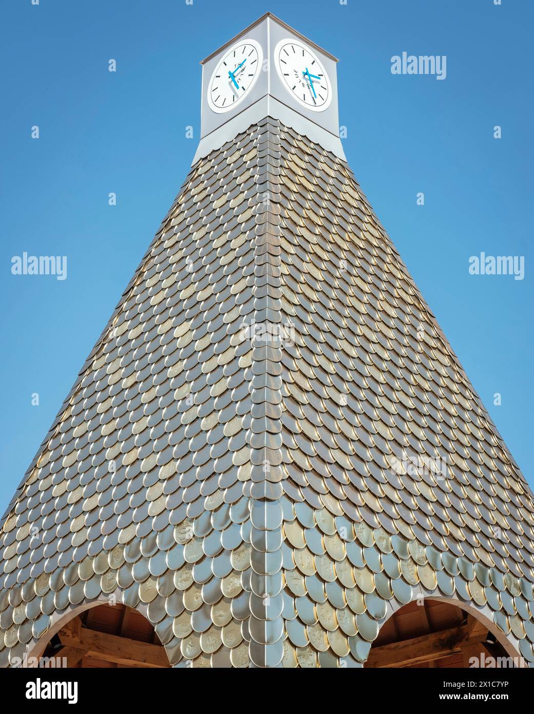 Bermondsey Market place, clock tower detail with tin-can tiles and ...