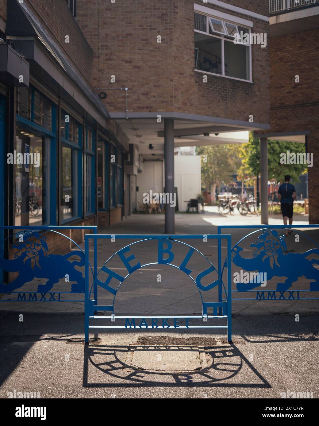 Bermondsey Market place, 'The Blue' wayfinging/ boundary markers. The ...