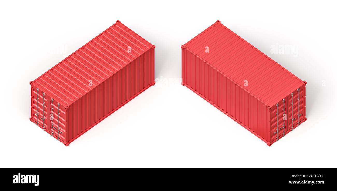 Two red shipping containers on white background Stock Photo - Alamy