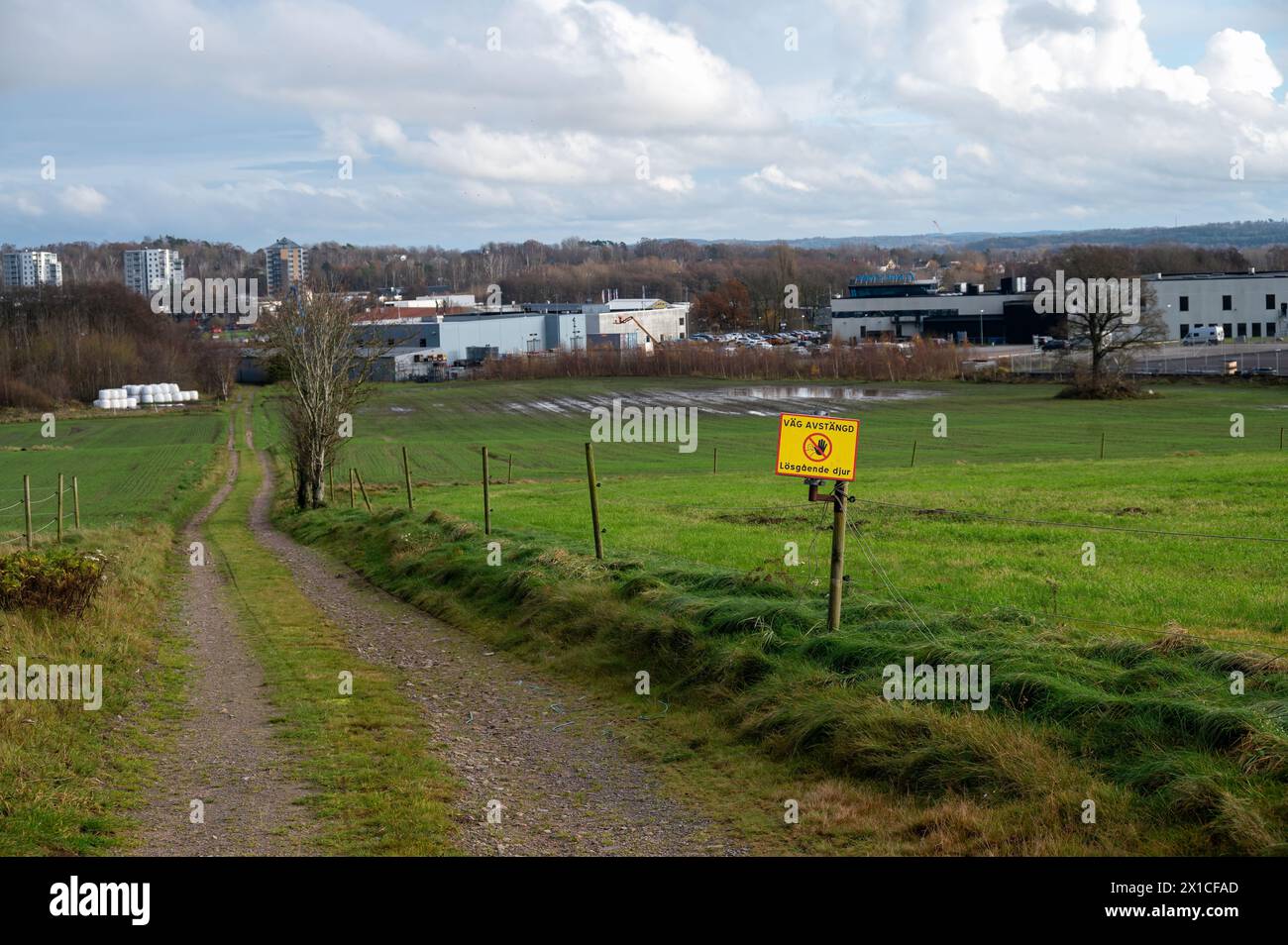 Gravel road with sign road closed loose animals Stock Photo - Alamy
