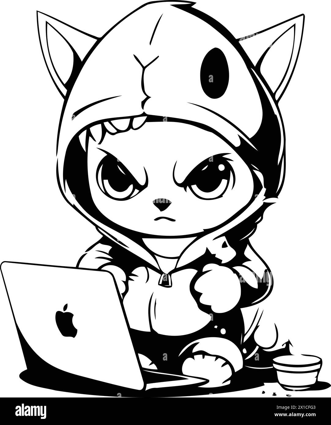 Cute cartoon alien girl with laptop. Vector illustration on white ...